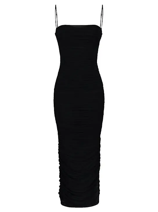House Of Cb Fornarina Gathered Mesh Midi Dress - Black