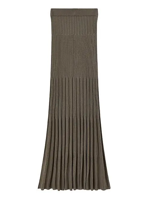 JOSEPH Pleated Ribbed Wool Knitted Maxi Skirt - Mushroom