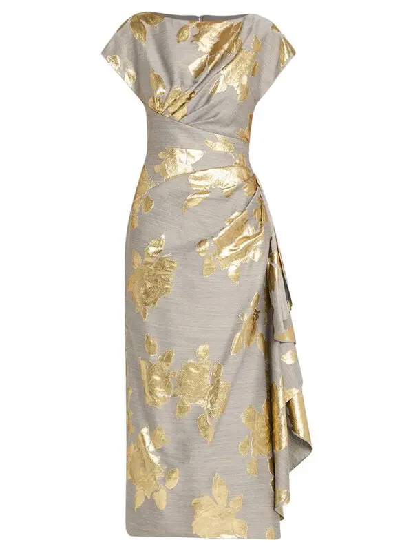 Lela Rose Florence Metallic Floral Jacquard Midi Dress - Gold Grey