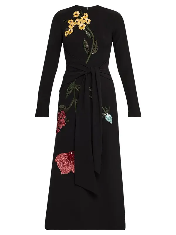 Lela Rose Floral Embroidered Tie Waist Midi Dress - Black