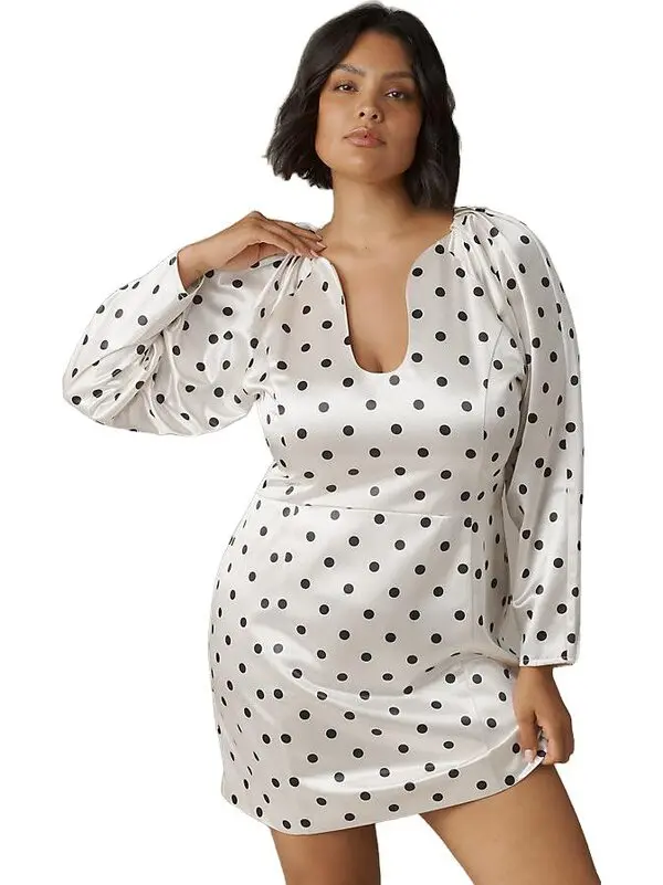 SIEMPRE Long-sleeve Polka Dot Mini Dress - Ivory & Black Dot