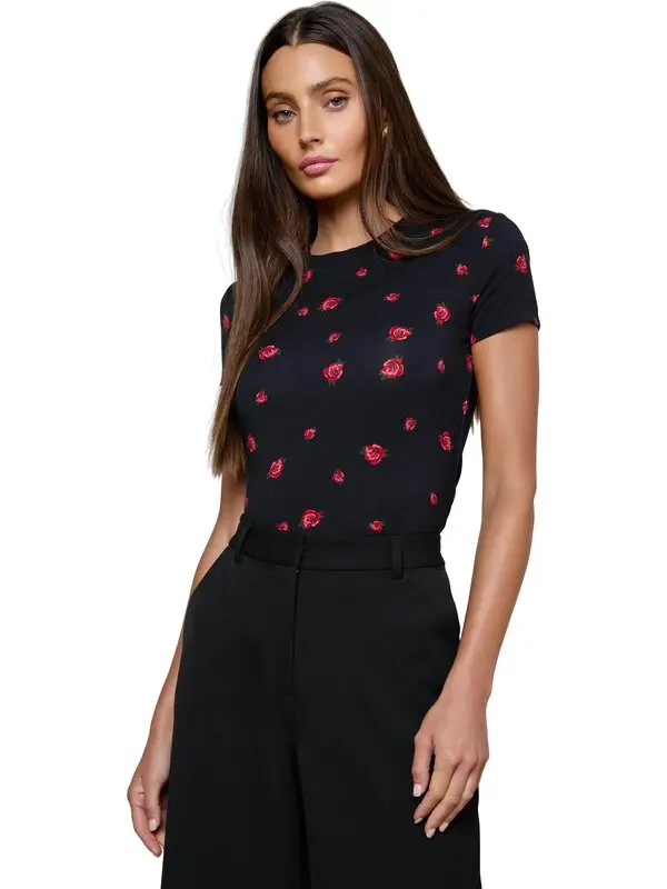 L'Agence Ressi Fitted T-shirt - Black/red Rose Embroidery