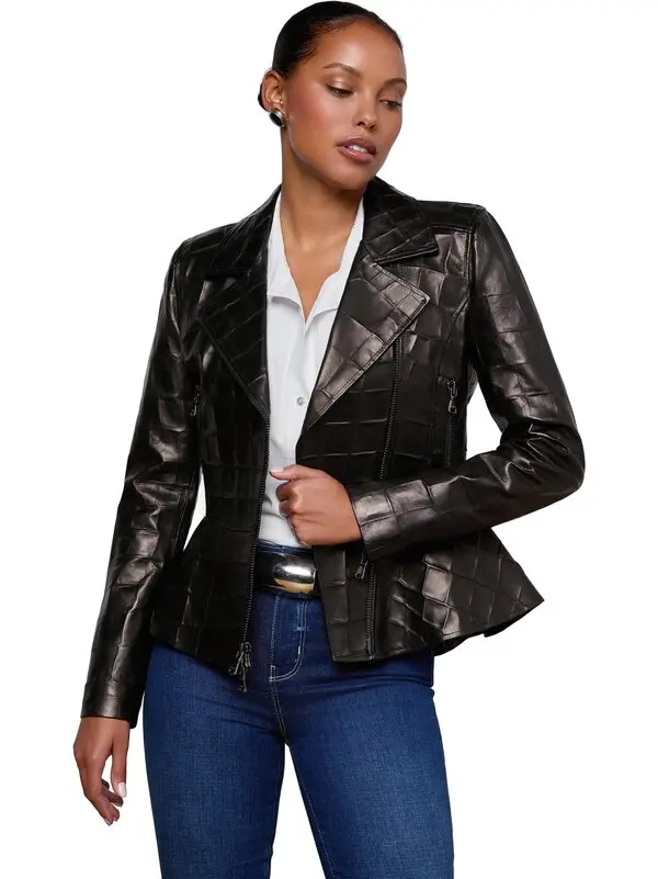 L'Agence Lyric Croc-embossed Leather Jacket - Black