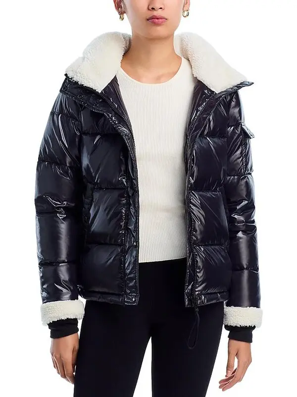 Aqua Glossy Puffer Jacket With Sherpa Trim - Jet/white