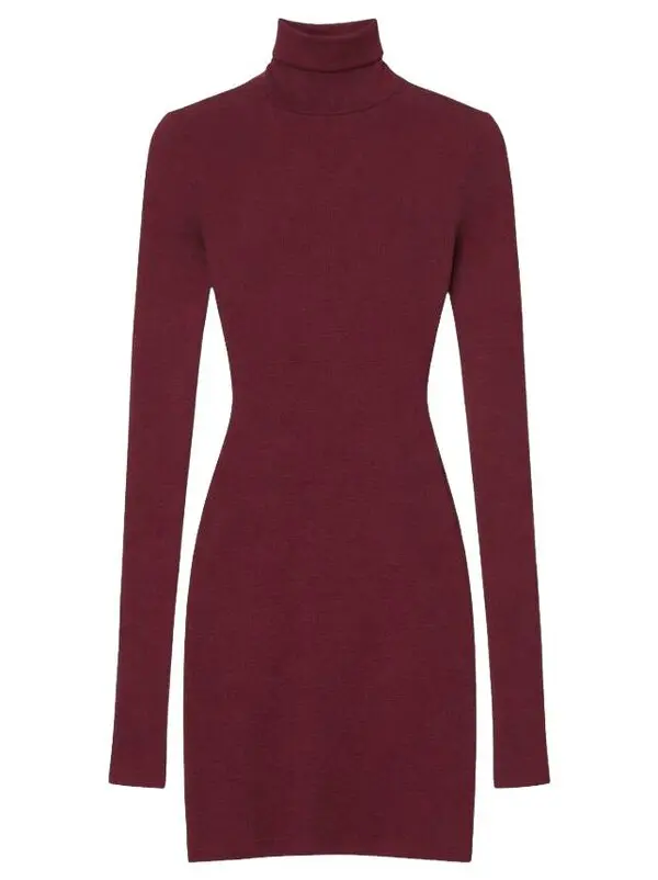 Eterne Long Sleeve Ruched Turtleneck Rib Mini Dress - Oxblood