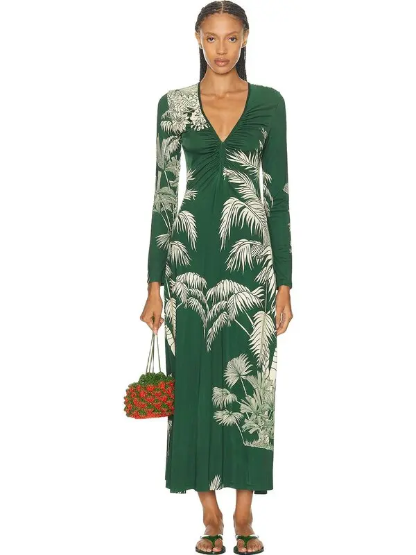 Johanna Ortiz Alma Boradada Midi Dress - Emerald Green & Ecru
