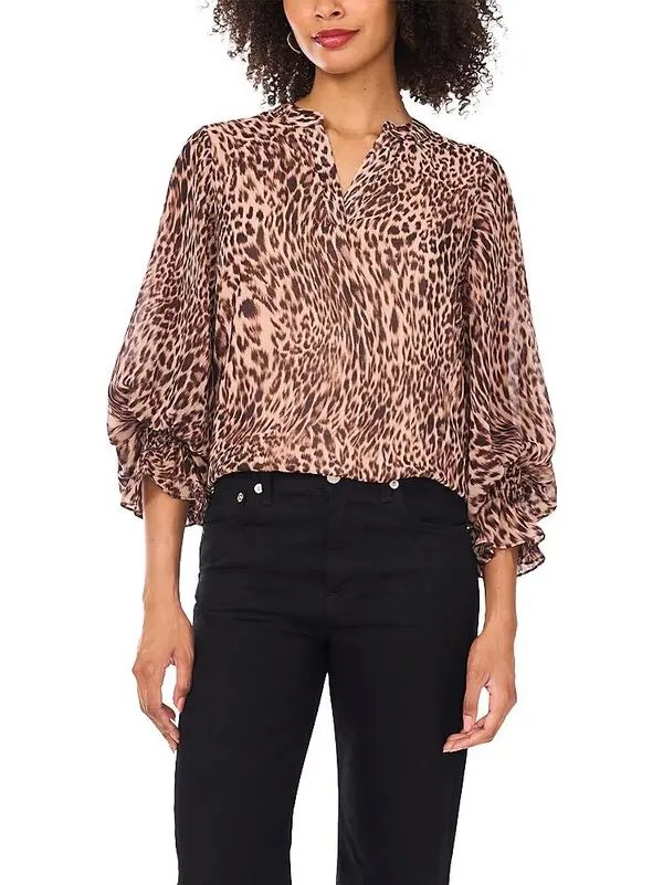 Vince Camuto Animal Print Split Neck Top - Rich Taupe