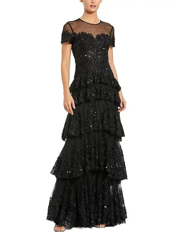 Mac Duggal Embellished Short Sleeve Tiered Gown - Black