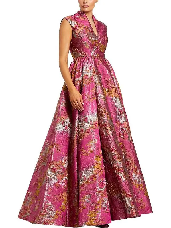 Mac Duggal Metallic Jacquard Ball Gown With Notched Collar - Raspberry Multi