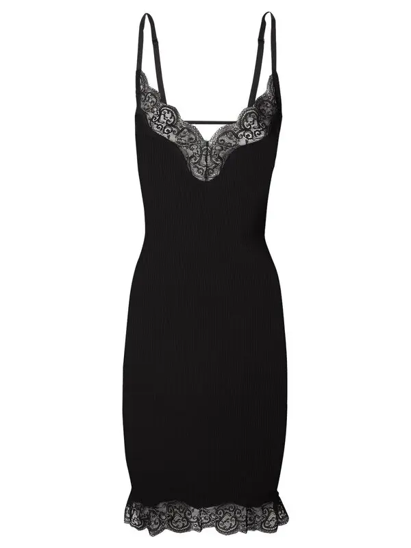Saint Laurent Lace-trimmed Ribbed Silk-jersey Mini Dress - Black