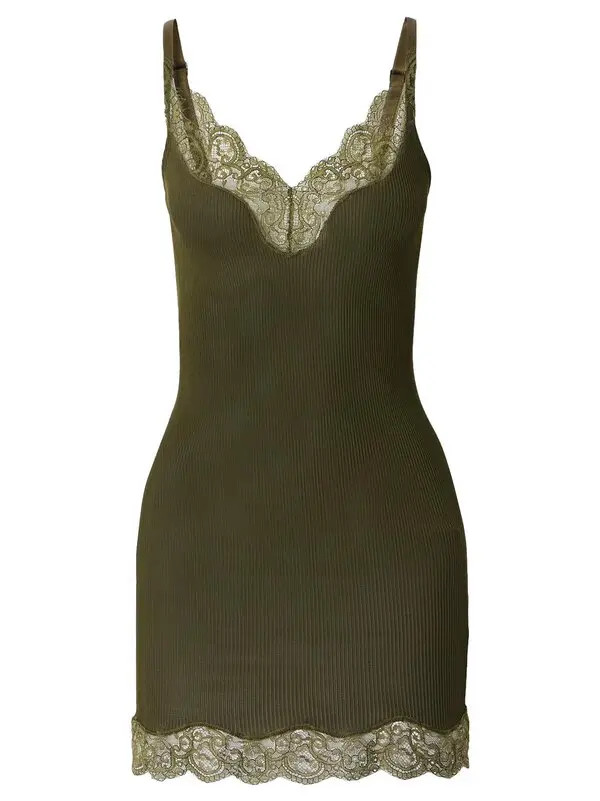 Saint Laurent Lace-trimmed Ribbed Silk-jersey Mini Dress - Green