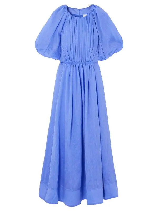 Aje Alma Gathered Tencel Lyocell And Linen-blend Midi Dress - Blue