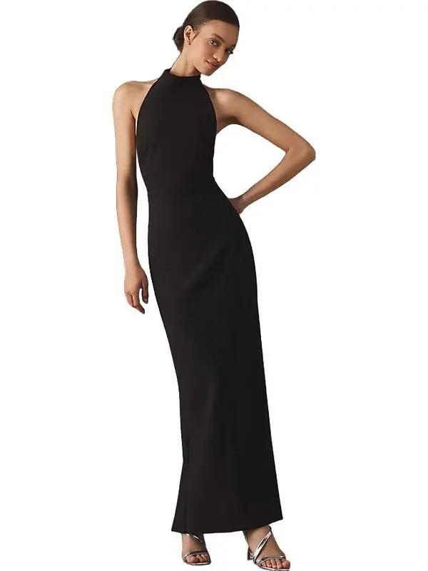 Bhldn High-neck Open-back Crepe Maxi Dress - Black