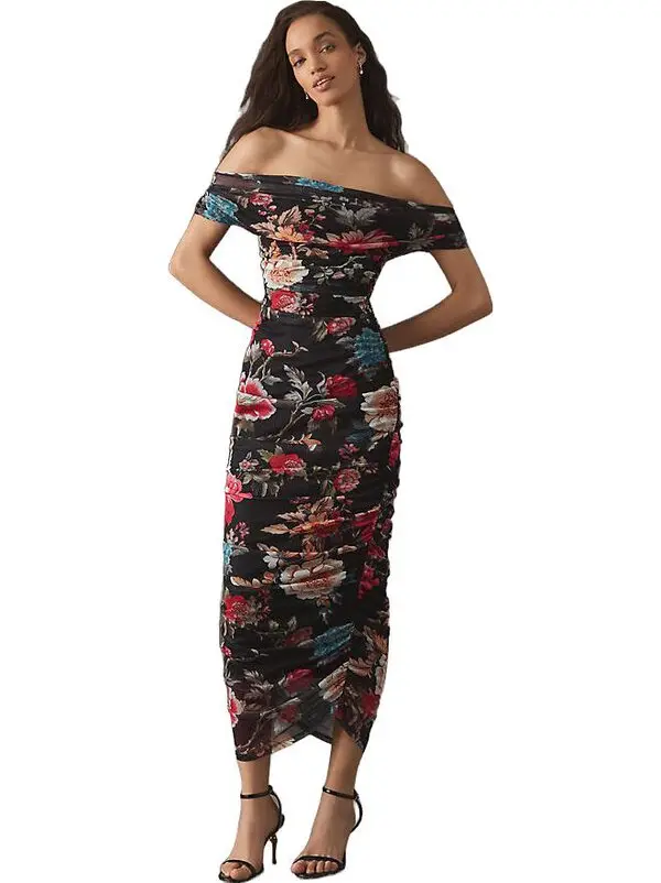 Bhldn Off-shoulder Gathered Stretch Mesh Slim Midi Dress - Black Floral