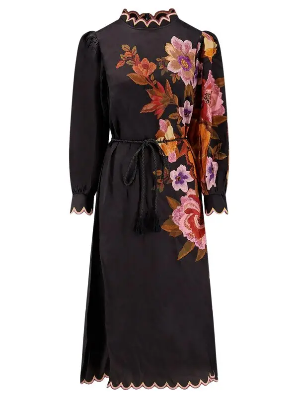 Farm Rio Satin Midi Dress With Floral Print - Black