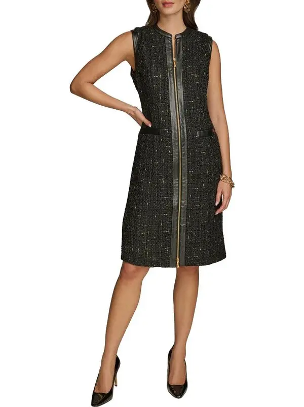 Donna Karan New York Sleeveless Tweed Dress With Faux Leather Trim - Black