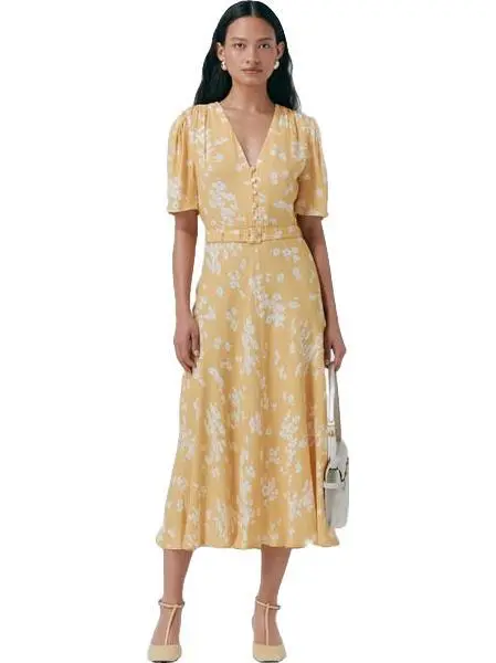 GHOST LONDON Jemima Crepe Floral Belted Midi Dress - Yellow Daisy Ray