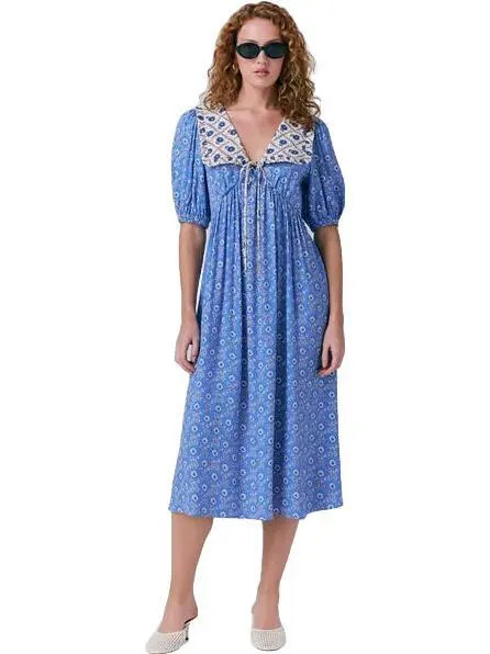 GHOST LONDON Nellie Crepe Collared Midi Smock Dress - Blue Rose Spot