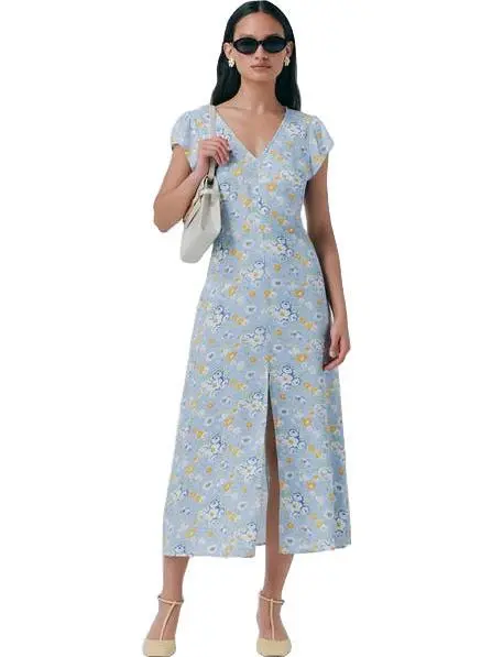 GHOST LONDON Blair Crepe Floral Sleeveless Midi Dress - Blue Country Flowers
