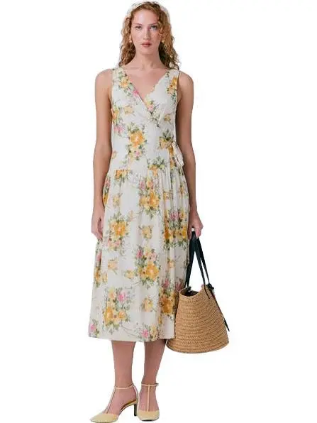 GHOST LONDON Julia Cotton Floral Midi Wrap Dress - Yellow Floral