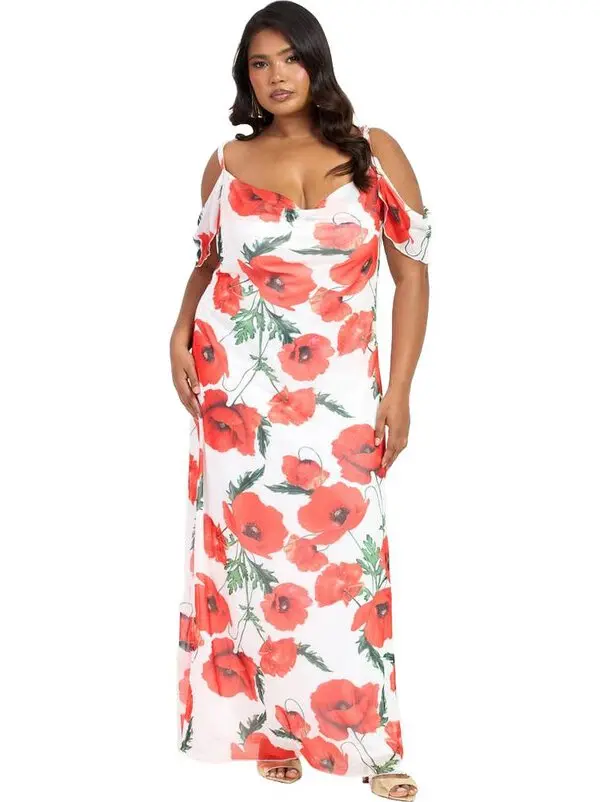FASHION-SZN CURVE Cold Shoulder Poppy Print Strappy Midaxi Dress - White