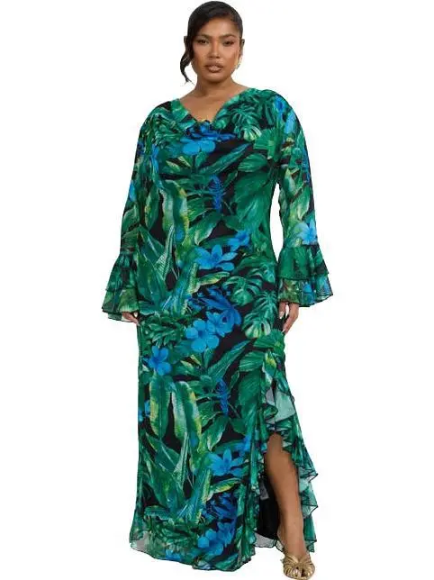 FASHION-SZN CURVE Ruffle Cowl Neck Palm Print Maxi Dress - Green