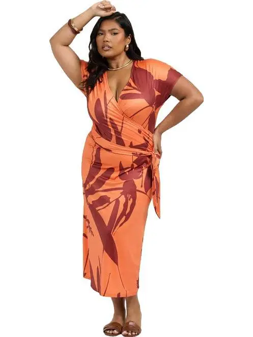 FASHION-SZN CURVE Floral Wrap Jersey Midi Dress - Orange