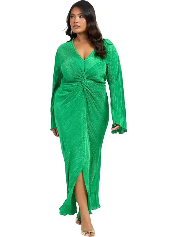 FASHION-SZN CURVE Curve Plisse Flare Sleeve Midaxi Dress - Green