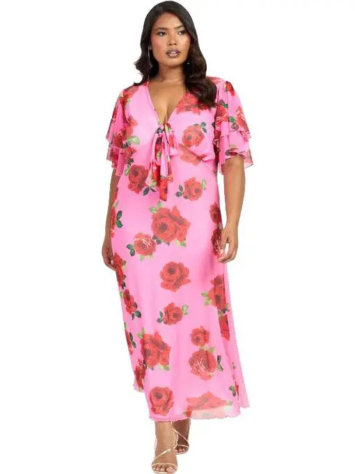 FASHION-SZN CURVE Flutter Sleeve Tie Front Midi Dress - Pink