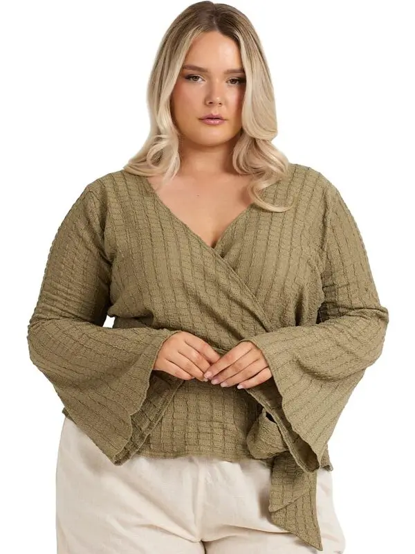 FASHION-SZN CURVE Kimono Wrap Front Belted Top - Khaki