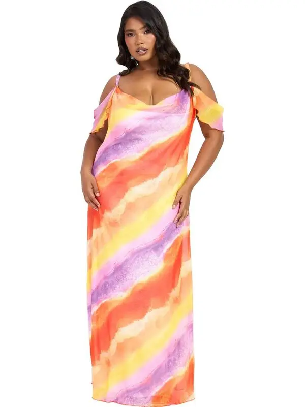FASHION-SZN CURVE Marble Print Cold Shoulder Maxi Dress - Purple