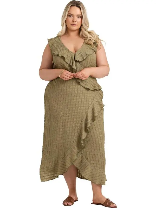 FASHION-SZN CURVE Ruffle Wrap Midi Dress - Khaki