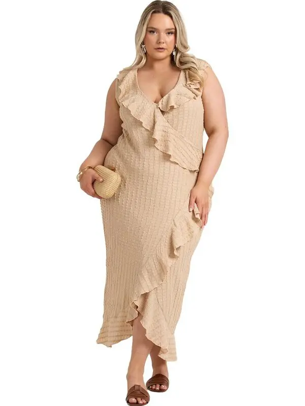 FASHION-SZN CURVE Ruffle Wrap Midi Dress - Stone