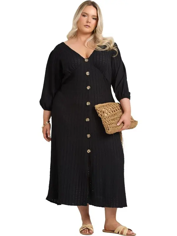 FASHION-SZN CURVE Balloon Sleeve Button Front Midi Dress - Black