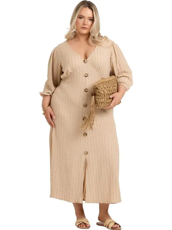 FASHION-SZN CURVE Balloon Sleeve Button Front Midi Dress - Stone