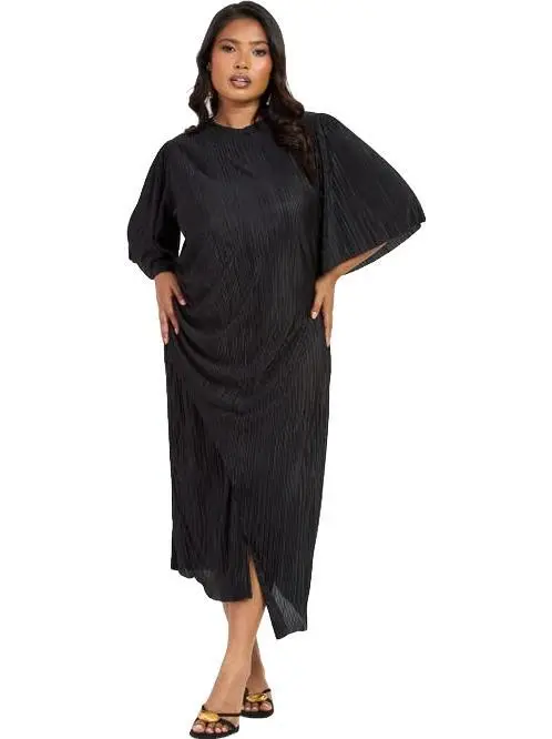 FASHION-SZN CURVE Ruched Side Flutter Sleeve Midi Dress - Black