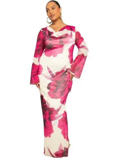 FASHION-SZN CURVE Curve Cowl Neck Long Sleeve Maxi Dress - Pink