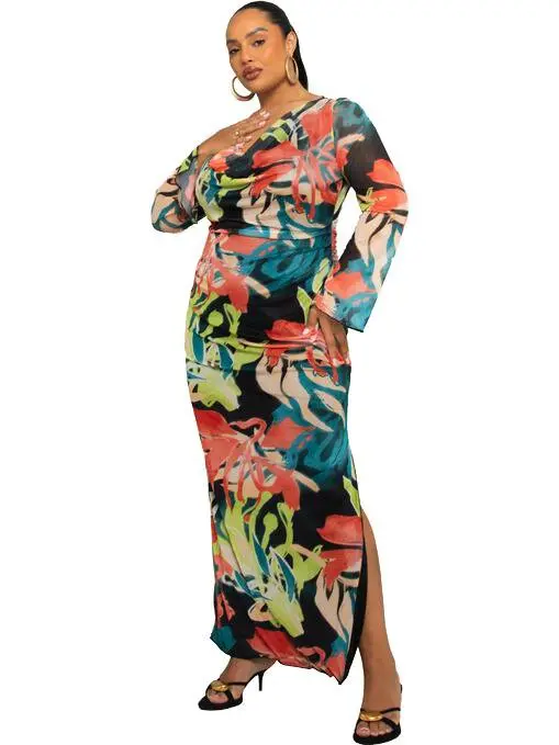 FASHION-SZN CURVE Curve Abstract Floral Print Cowl Neck Maxi Dress - Orange