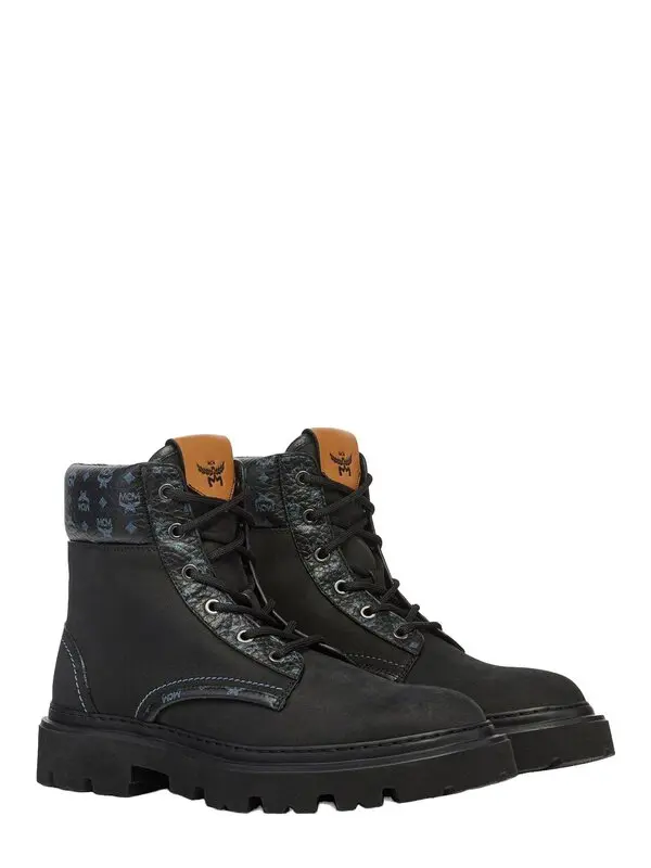 Mcm Ankle Boots In Leather And Monogram Print - Black
