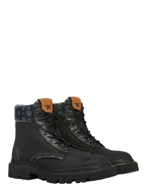 Mcm Ankle Boots In Leather And Monogram Print - Black