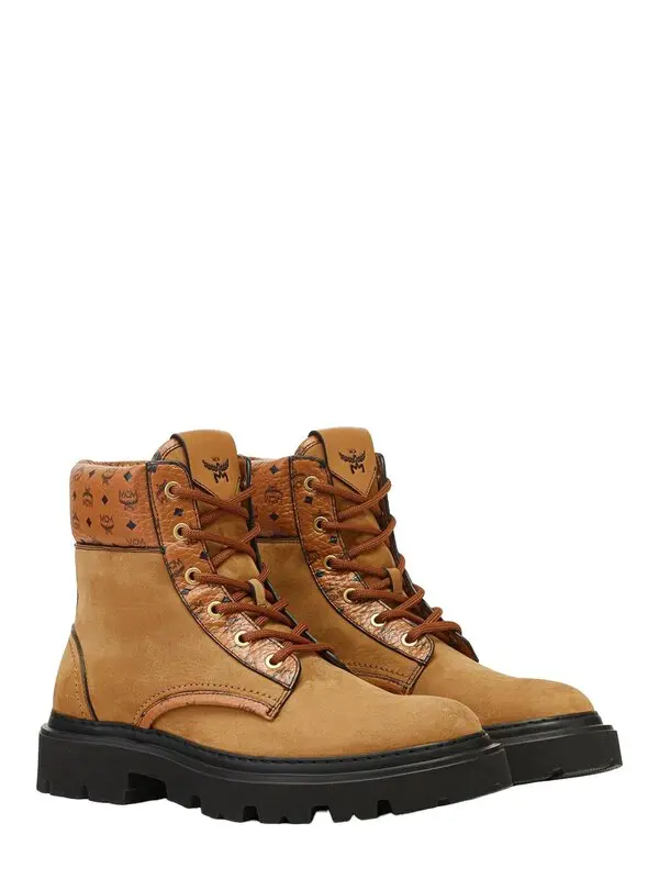 Mcm Ankle Boots In Leather And Monogram Print - Cognac & Offwhite