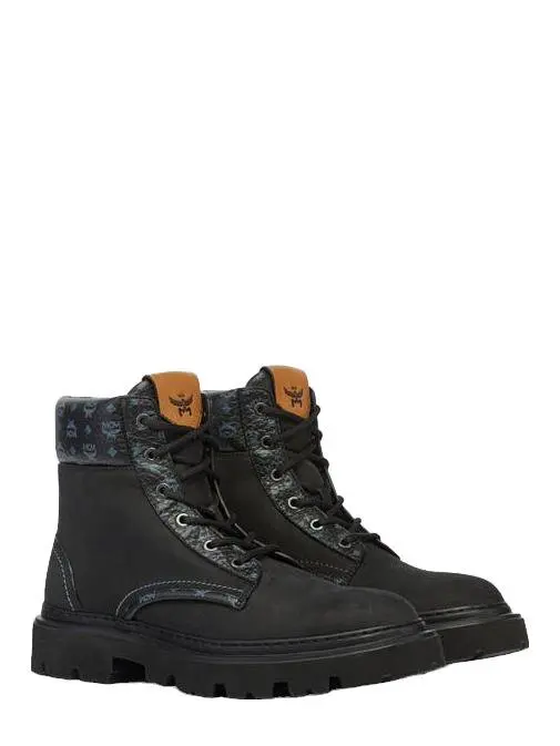 Mcm Ankle Boots In Nubuck And Monogram Print Leather - Black