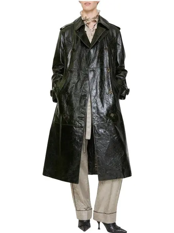 Burberry Long Embossed Leather Trench Coat - Moat Green