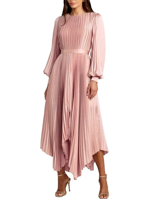 Mac Duggal Long Sleeve Pleated Charmeuse Handkerchief Dress - Blush