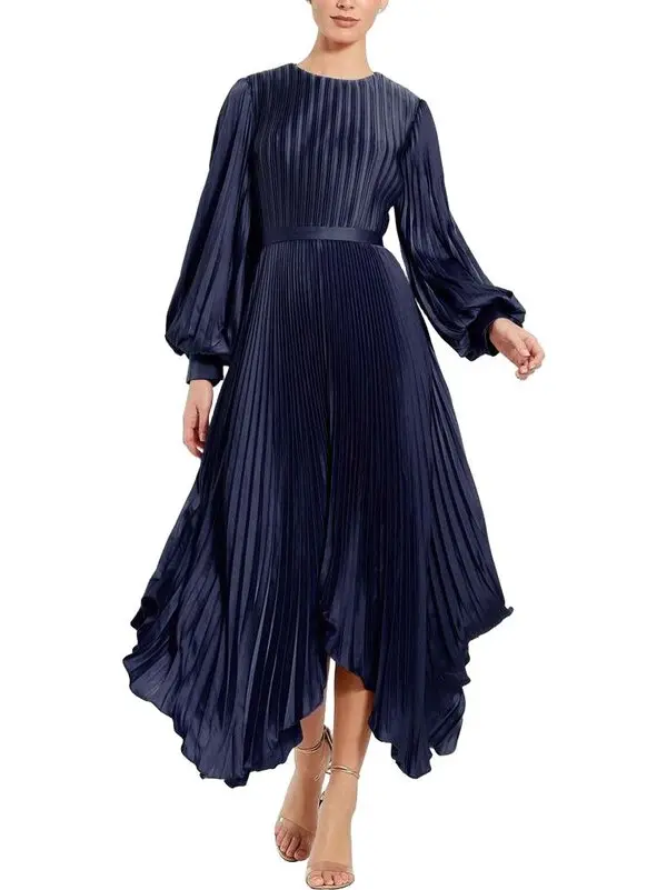Mac Duggal Long Sleeve Pleated Charmeuse Midi Dress - Midnight
