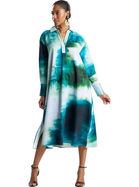Natori Hisui Cotton Chino Oversized Shirt Dress - Teal W/blue