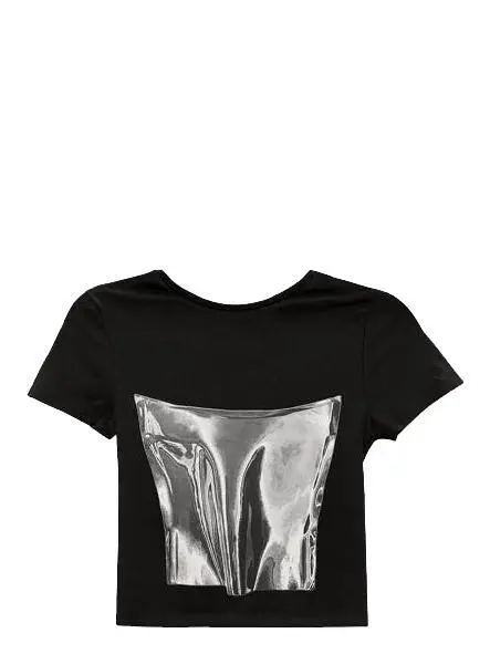 KATE BARTON Printed Corset Baby Tee - Chrome On Black
