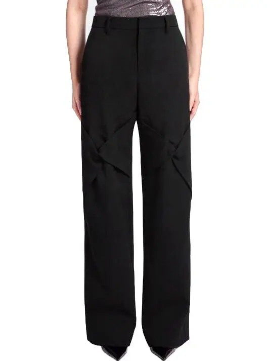 KATE BARTON Draped Knee Wool Trousers - Black