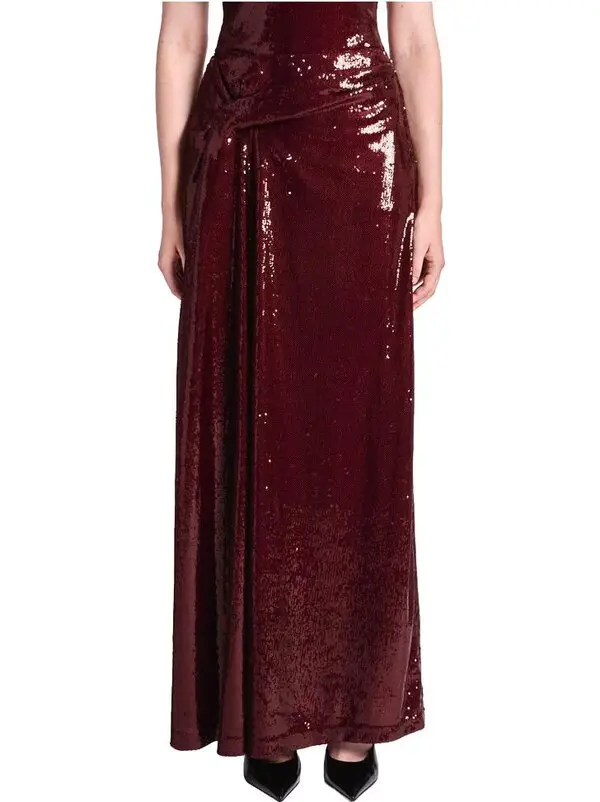 KATE BARTON Sequin Draped Maxi Skirt - Burgundy