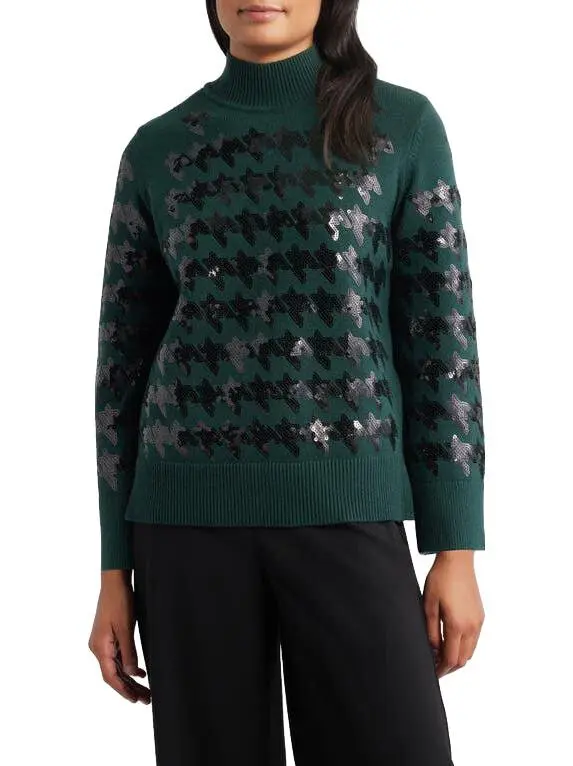 Anne Klein Sequin Houndstooth Mock Neck Sweater - Pine Forest